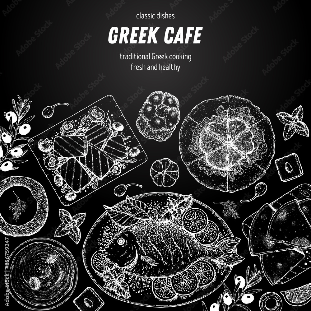 Greek cuisine top view frame. A set of greek dishes with halloumi ...