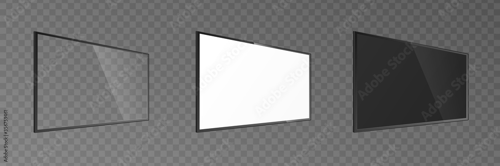 Wall mount TV screen panel mockup set with transparent, white and black ...