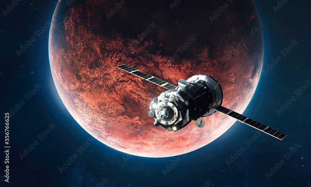 Spaceship on orbit of red planet Mars. Expedition and colonization of ...