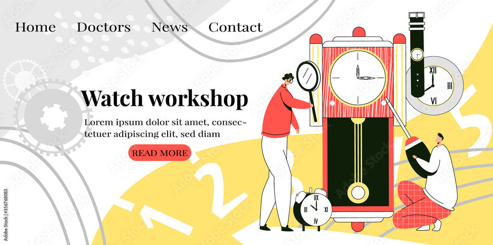 Vector flat illustration landing, home page of watch repair and ...