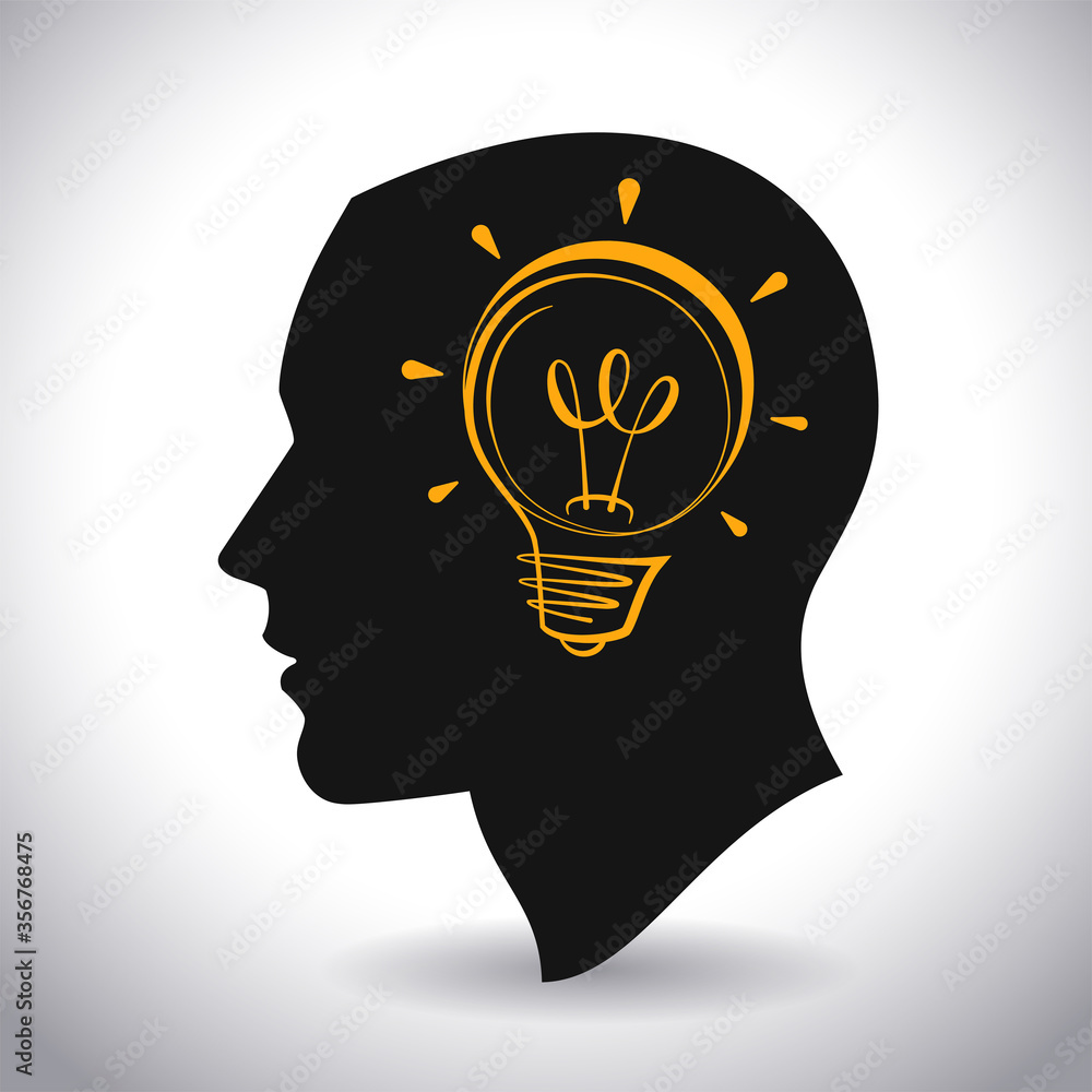 Head with light bulb, hand drawn pictogram. Creative idea concept ...