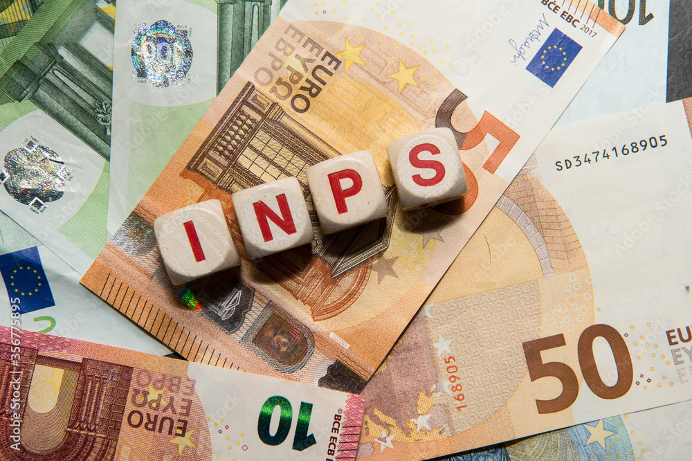 INPS Italian pension institution inscription and euro banknotes Stock ...