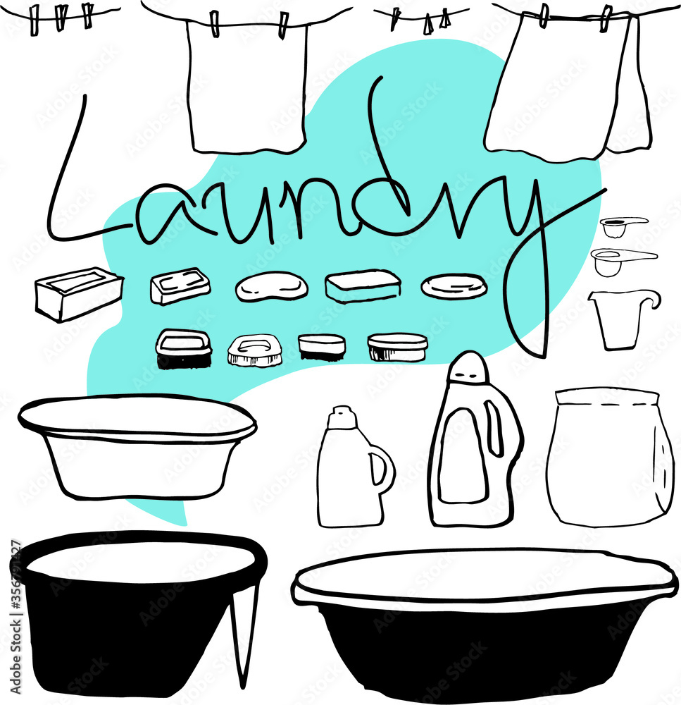 Laundry. The set of stuff for handwash. Black and white hand drawn ...