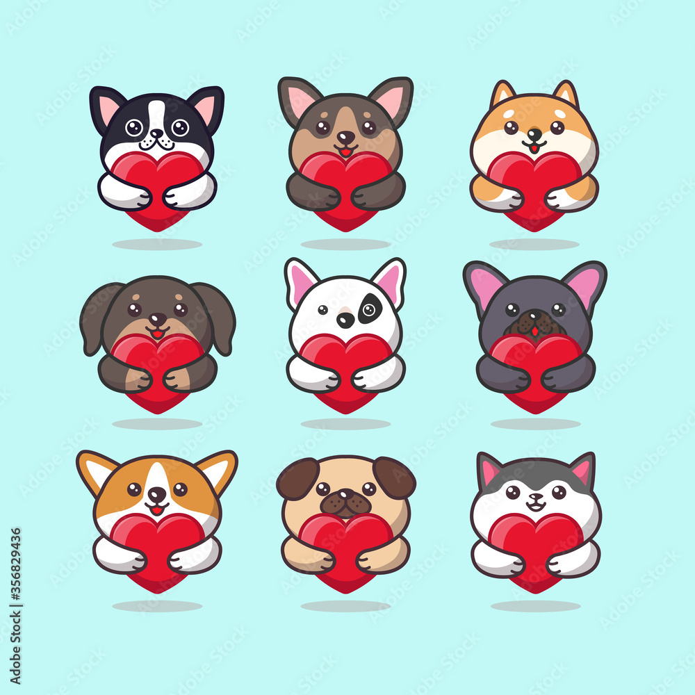 Cute kawaii dog animals care emoticon hugging a red heart Stock Vector ...