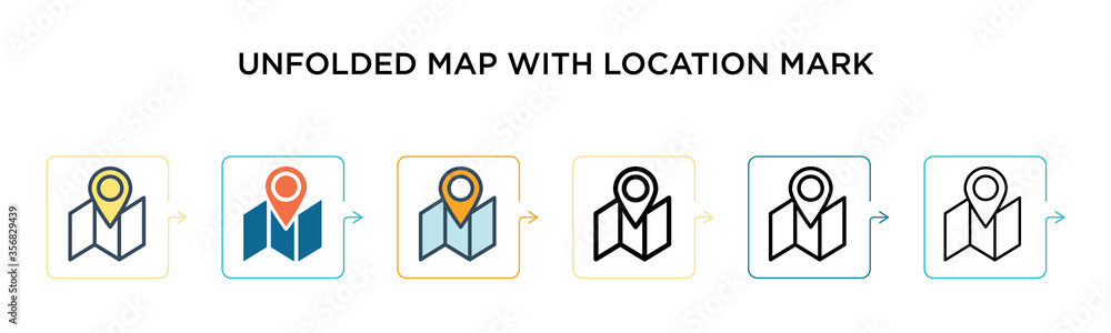 Unfolded map with location mark vector icon in 6 different modern ...
