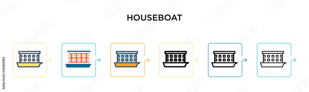 Houseboat vector icon in 6 different modern styles. Black, two colored ...