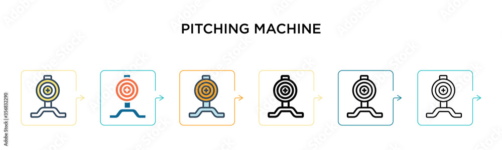 Pitching machine vector icon in 6 different modern styles. Black, two colored pitching machine ...