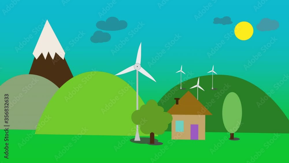 Simple animation with rotating wind turbines and wind in air on blue ...
