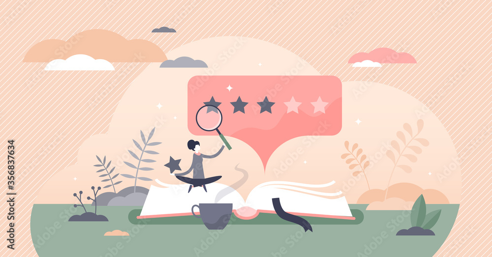 Book review vector illustration. Reading feedback flat tiny persons ...