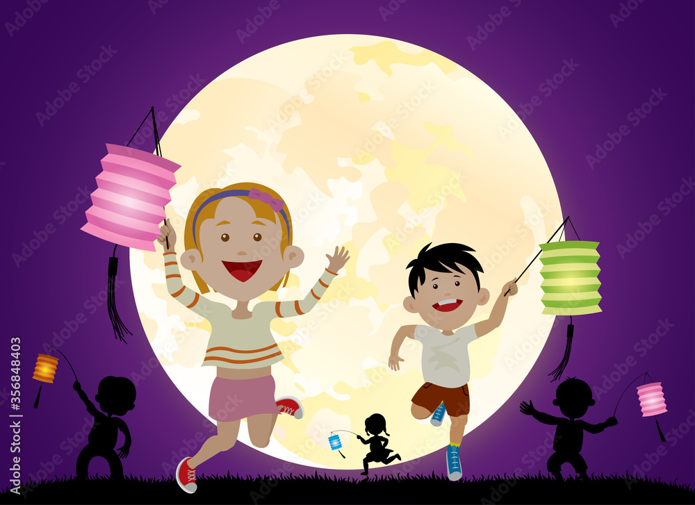 Kids playing lantern under moonlight vector silhouette illustration ...