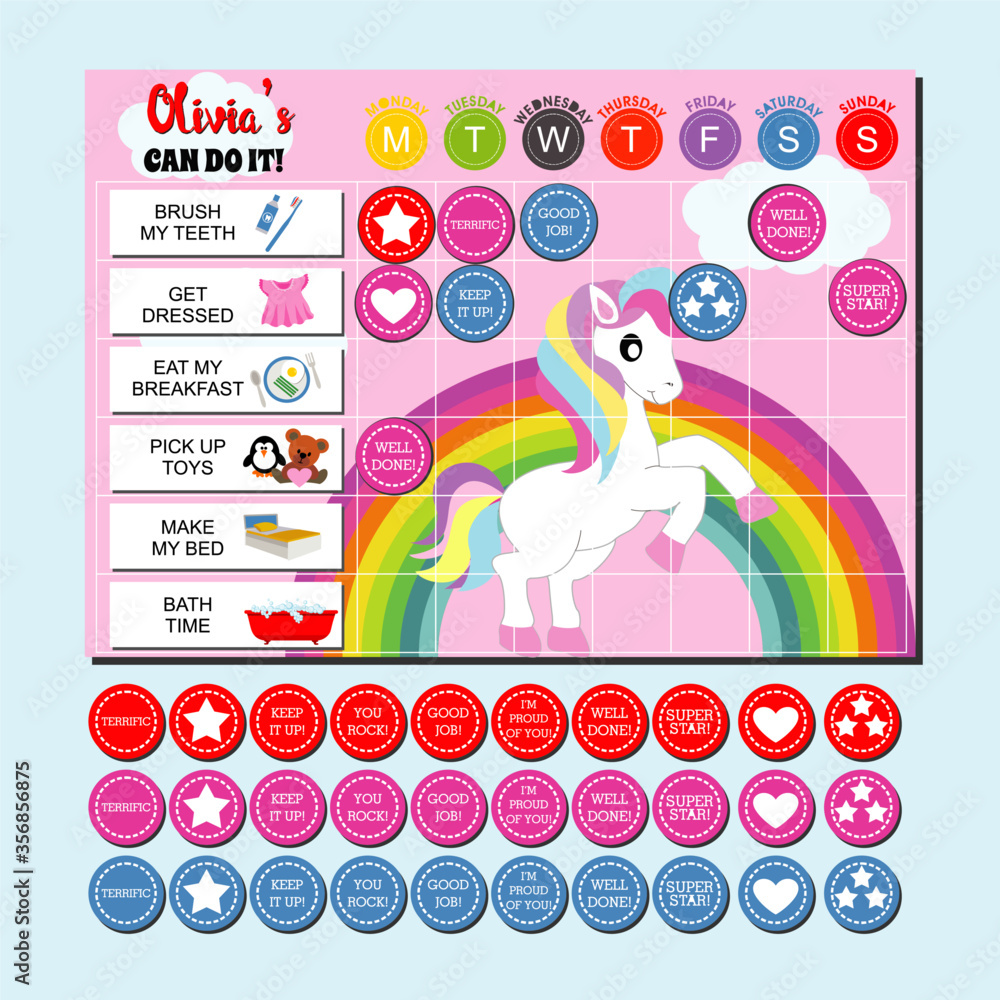 cute unicorn reward chart with reward sticker Stock Vector | Adobe Stock