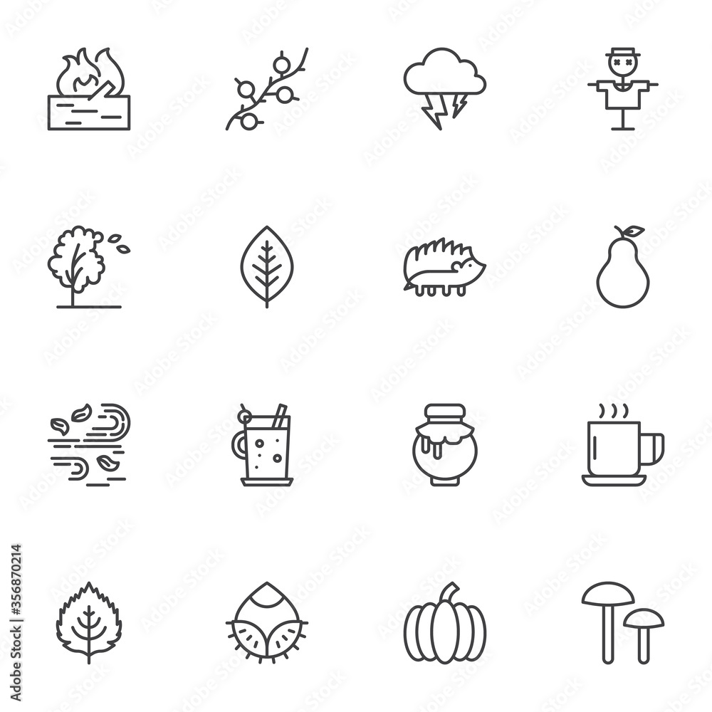 Autumn related line icons set, autumn season outline vector symbol ...