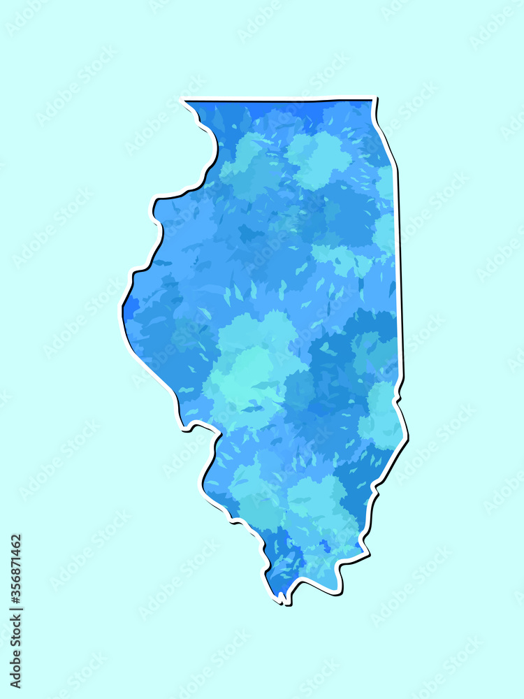 Illinois watercolor map vector illustration of blue color with border ...