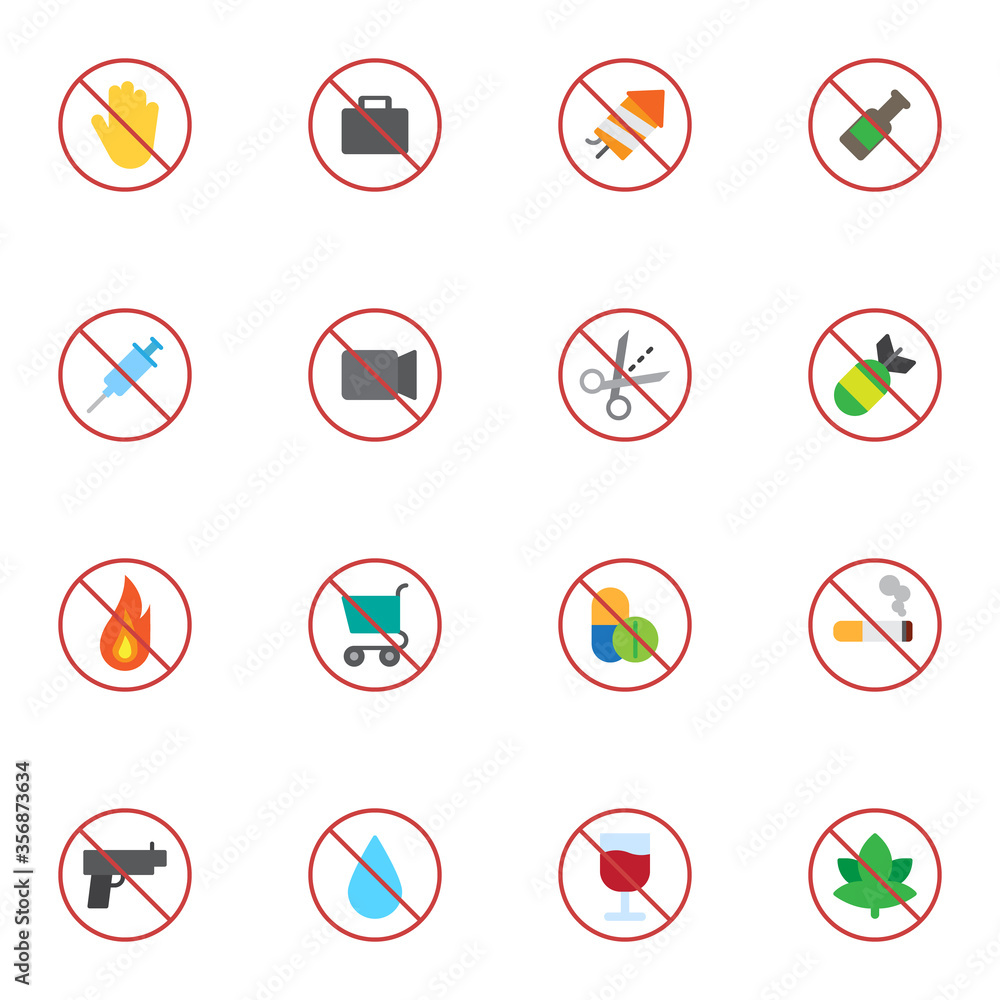 Prohibition signs collection, flat icons set, Colorful symbols pack ...