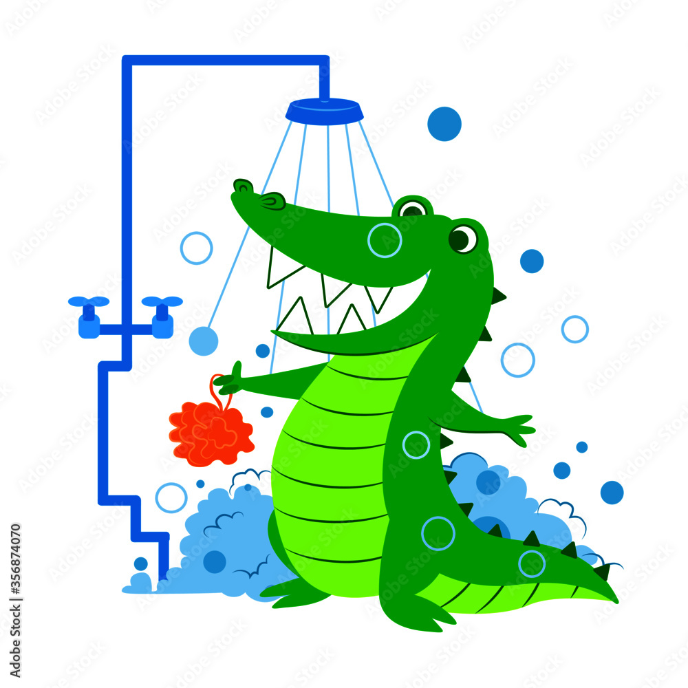 Cartoon illustration of alligator in the shower. Cheerful Crocodile in ...