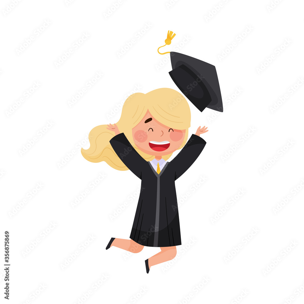 Girl Character in Academic Gown and Square Cap Cheering About ...