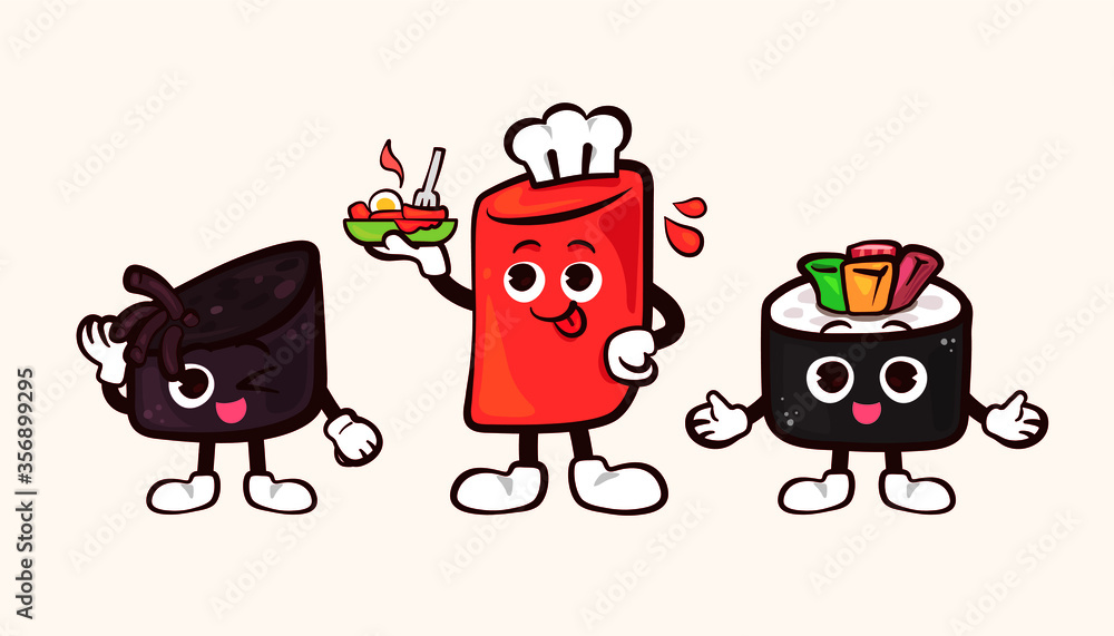 분식 캐릭터 일러스트. 떡볶이, 순대, 김밥 Stock Vector | Adobe Stock