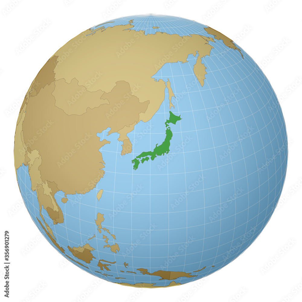 Globe centered to Japan. Country highlighted with green color on world ...