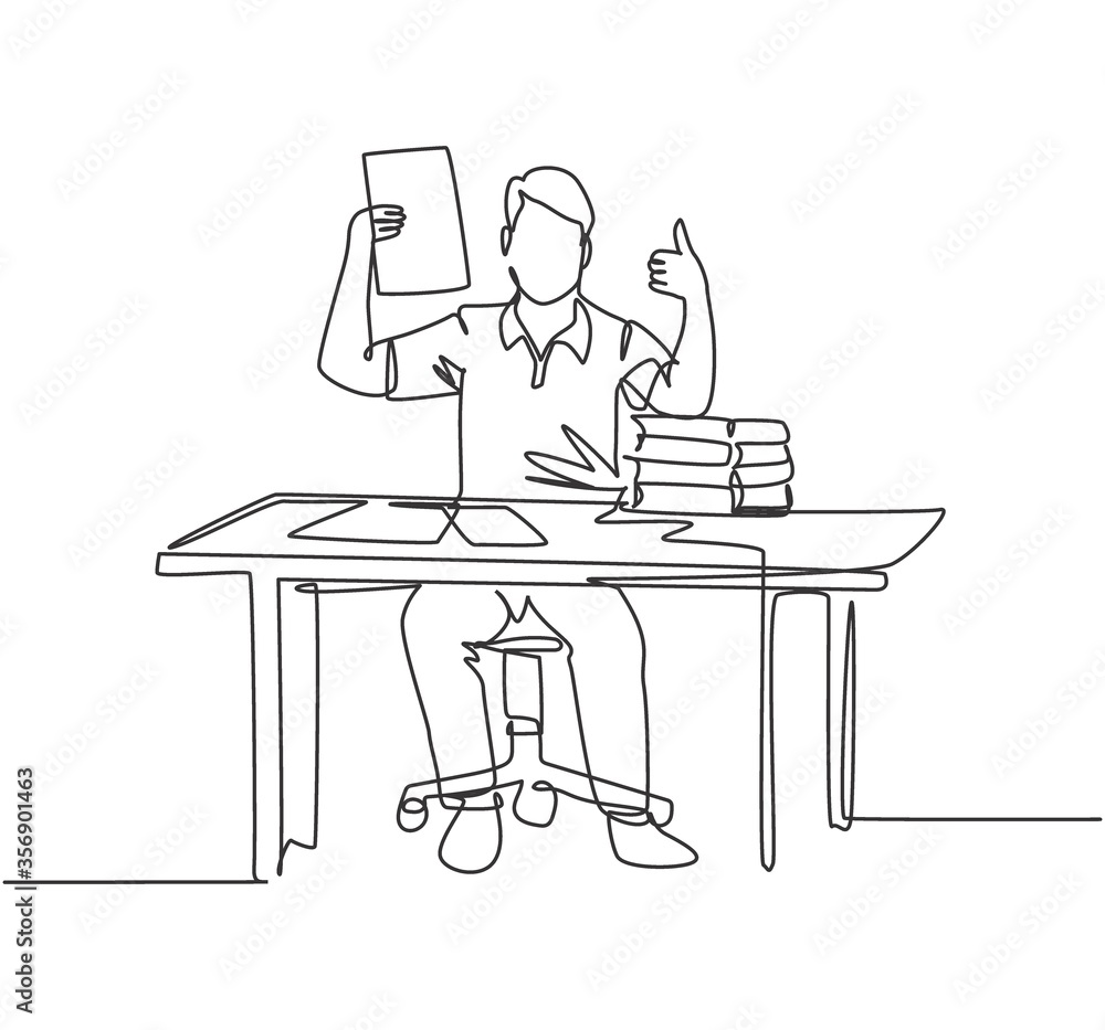 Single line drawing of young happy businessman shows a clipboard ...