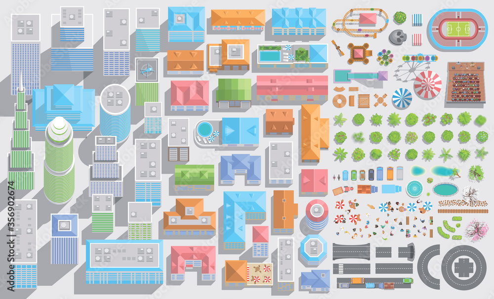 Set of landscape elements. City. (Top view) Trees, houses, buildings ...