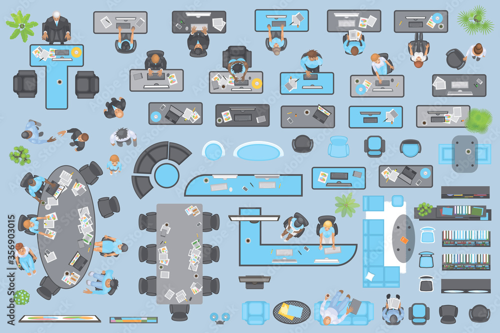 Vector set of office. People at work and office furniture. (top view ...