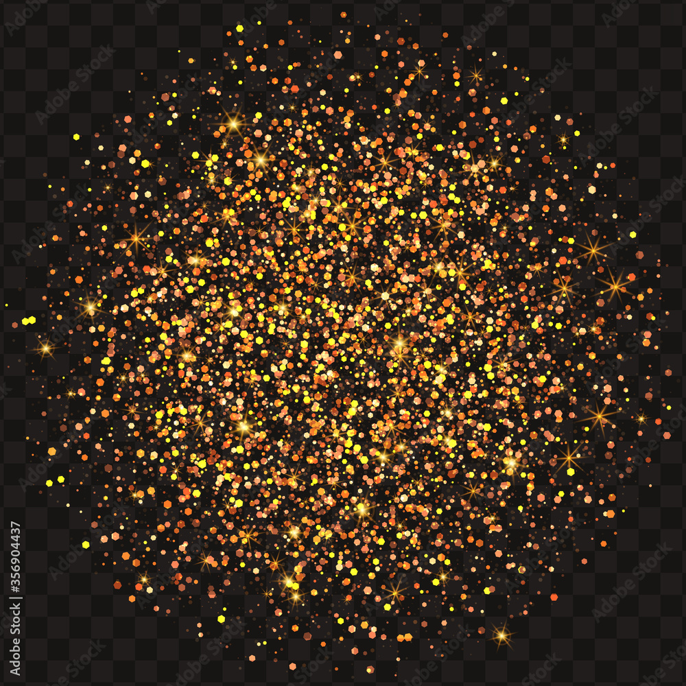 Golden glitter particles in circular design on dark transparent ...