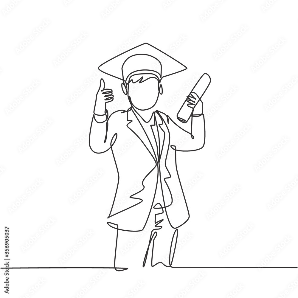 One line drawing of young happy boy student wearing graduation hat and ...