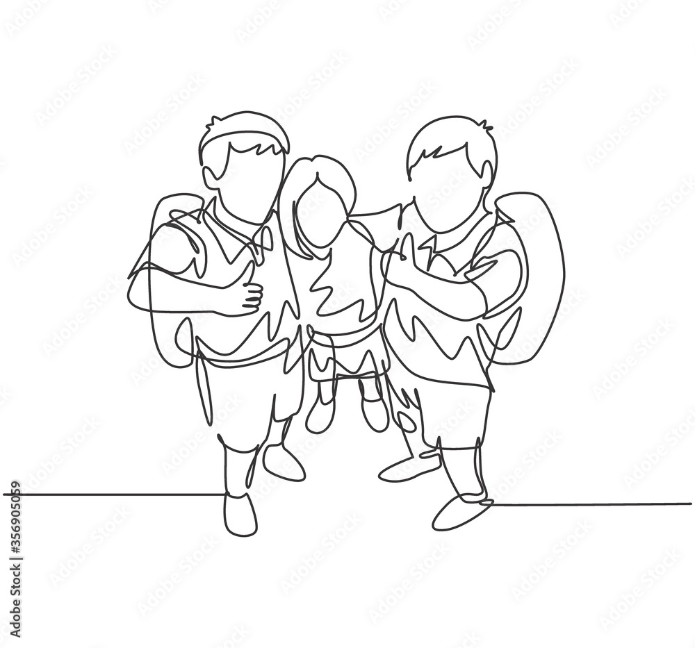 One line drawing group of happy male and female elementary school ...