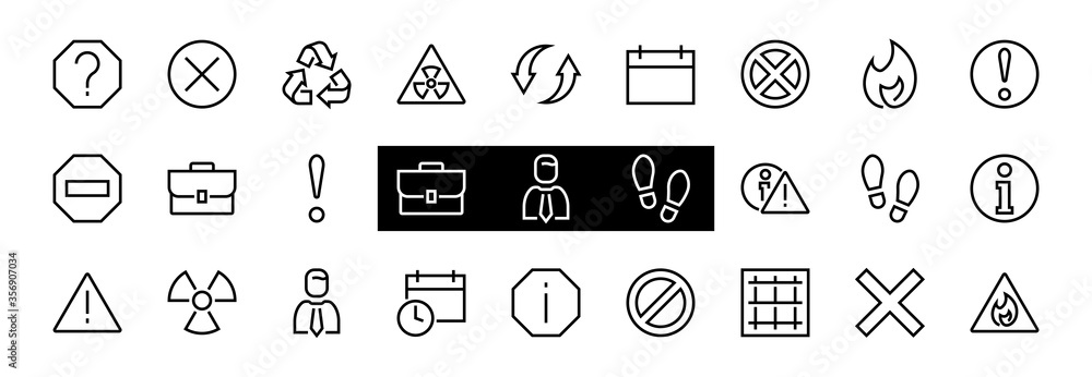 WARNINGS simple set of thin line vector icons. Contains icons such as ...