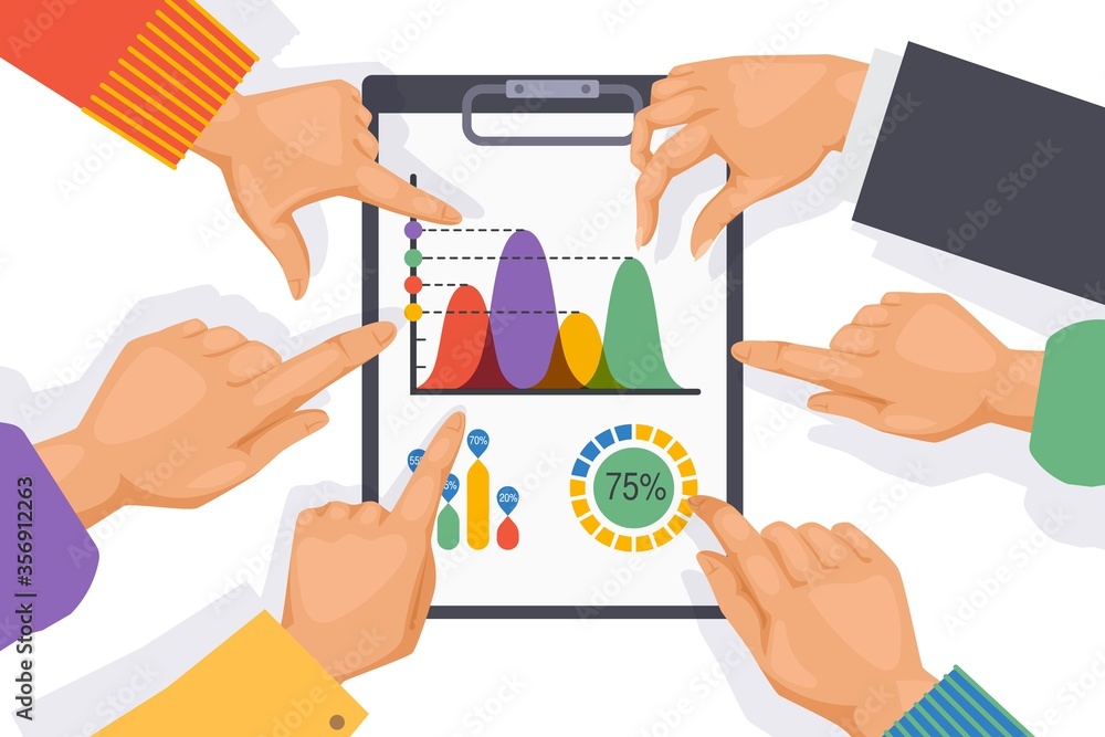 Teamwork table elements, employee hand on graph vector illustration ...