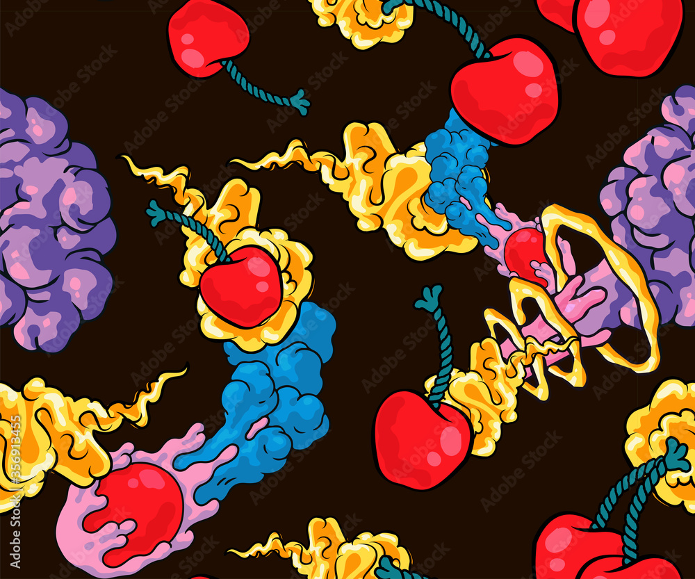 cherry-bomb seamless pattern, hand-drawn comic book style cartoon ...