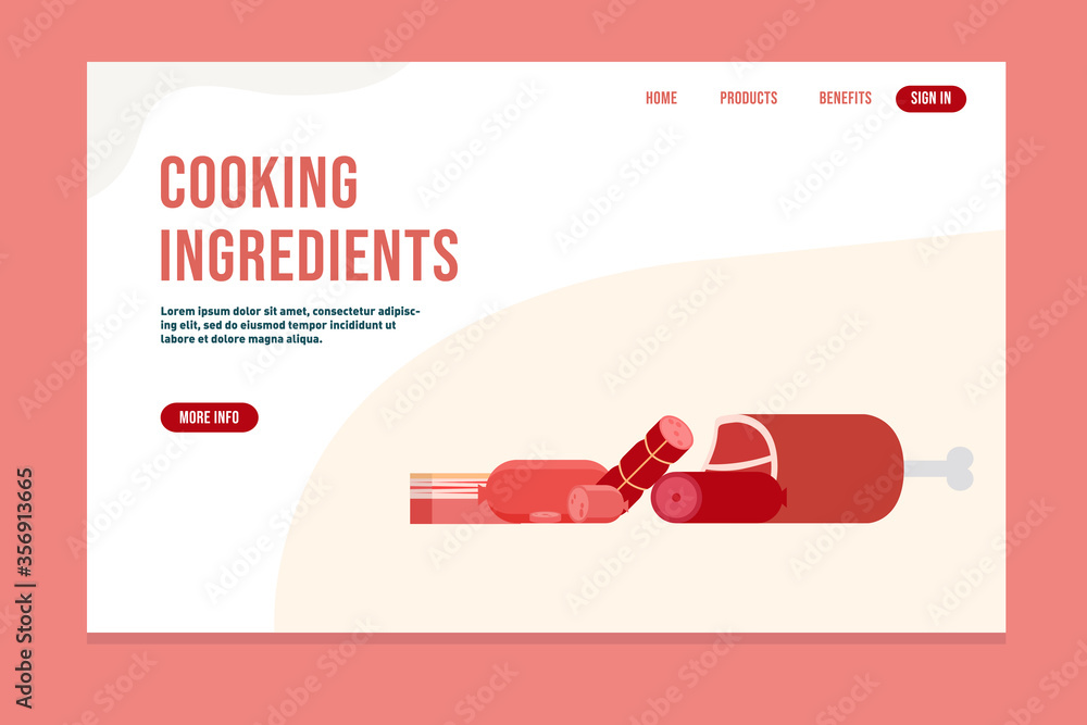 Cooking Ingredients Template. Meat Products Illustration. Pink Website ...