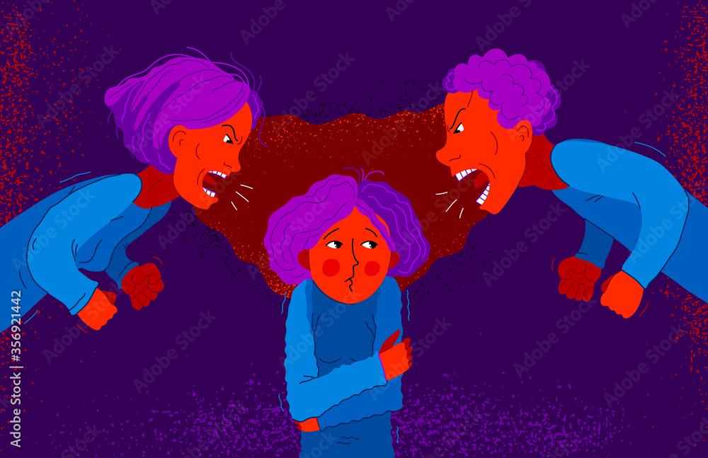 Vetor de Parents abusers screams and shout on scared little girl their ...