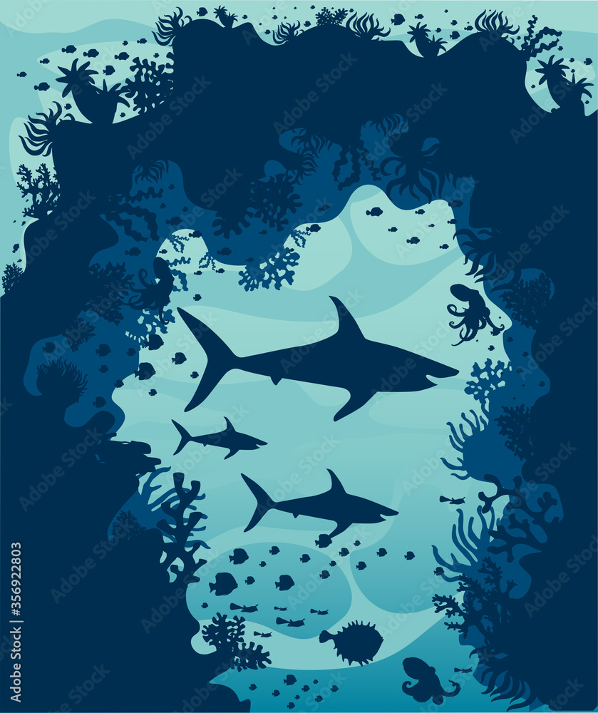 underwater world of silhouette illustration of corals, fishes, shark ...