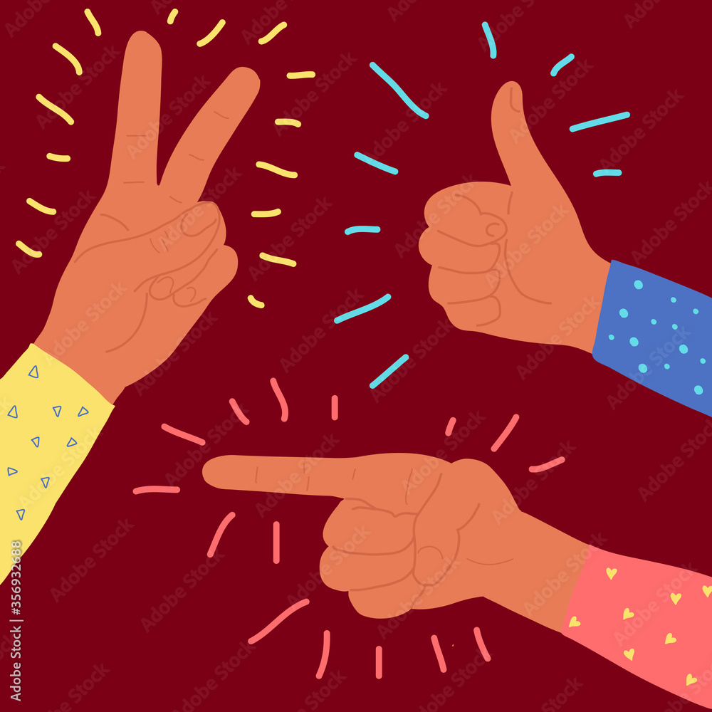 Vector flat style pointing, victory and Thumbs up fingers hand gesture ...