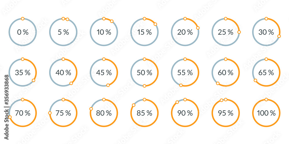 Percentage pie chart set. Circle percent diagram or chart with progress ...