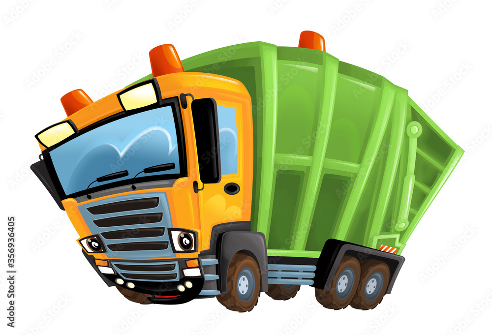 cartoon scene with garbage truck car on white background - illustration ...