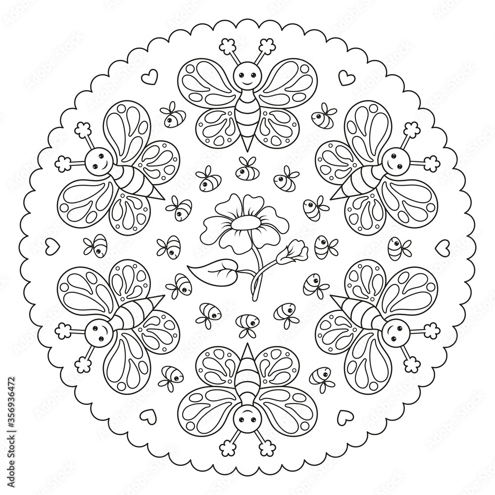 Coloring page mandala with butterfly, bee and a flower. Stock ...