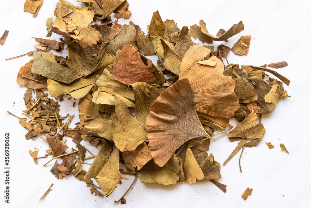 dried medicinal leaves of the ginkgo biloba tree on a white background ...