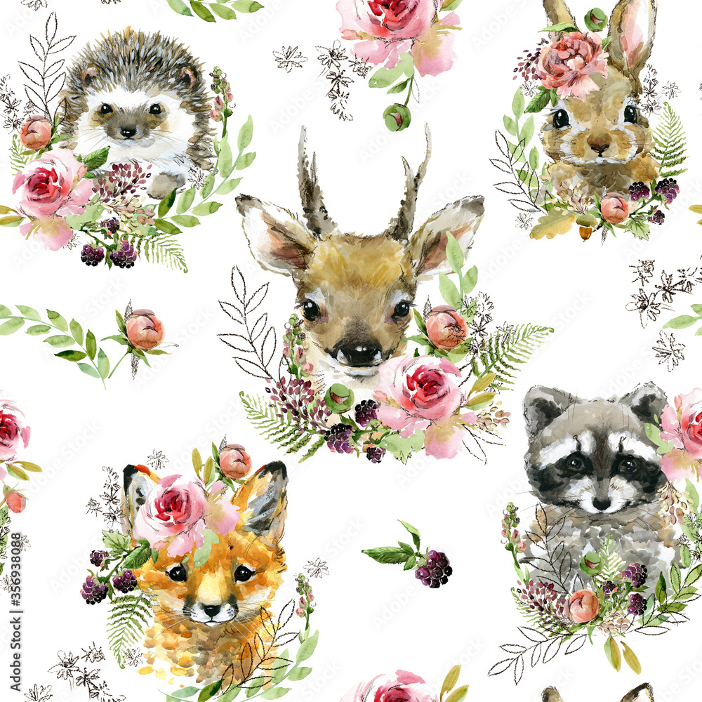 cute little forest animals seamless pattern. watercolor wild nature ...