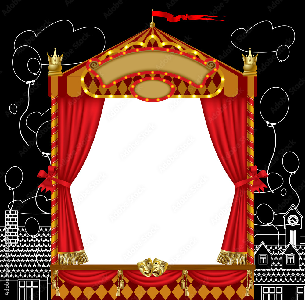 Puppet show booth with theater masks, red curtain, illuminated ...