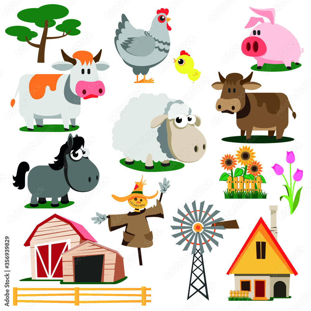 Set of cartoon characters, farm inhabitants. Farm buildings and ...
