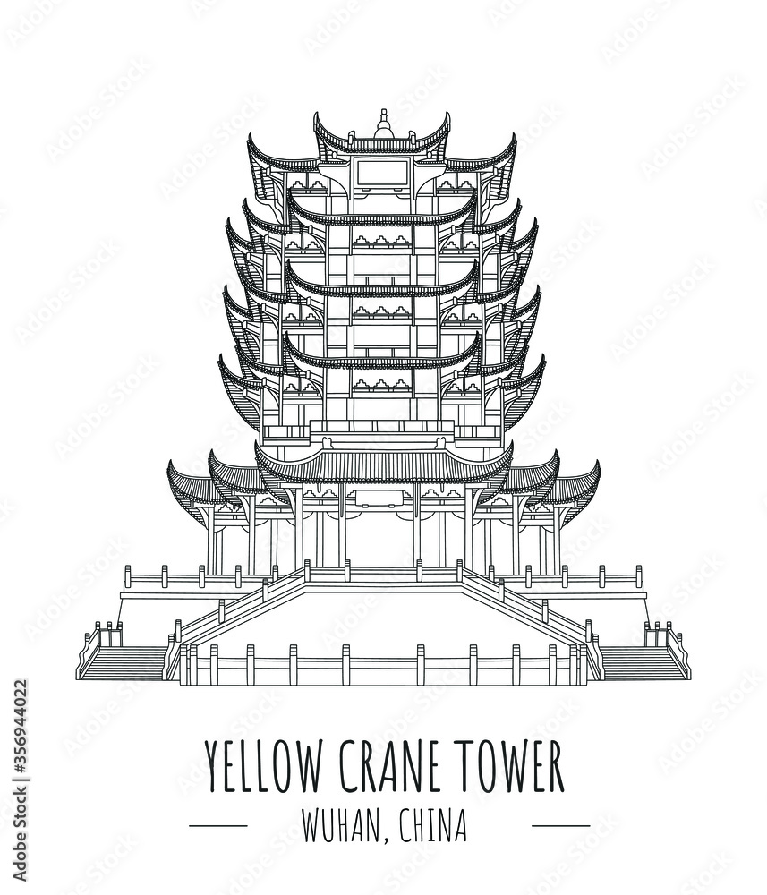 Hand drawn famous landmark vector of yellow crane tower, Wuhan, China ...