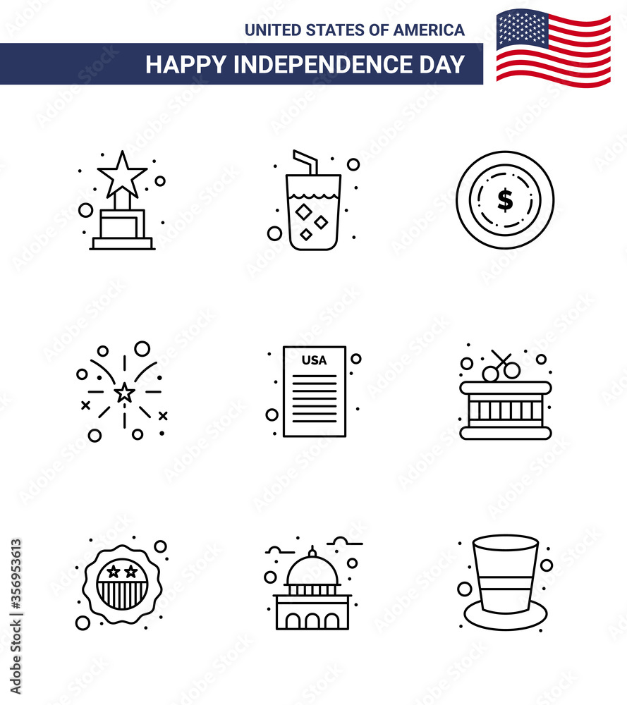 Vetor de 9 USA Line Pack of Independence Day Signs and Symbols of drum ...