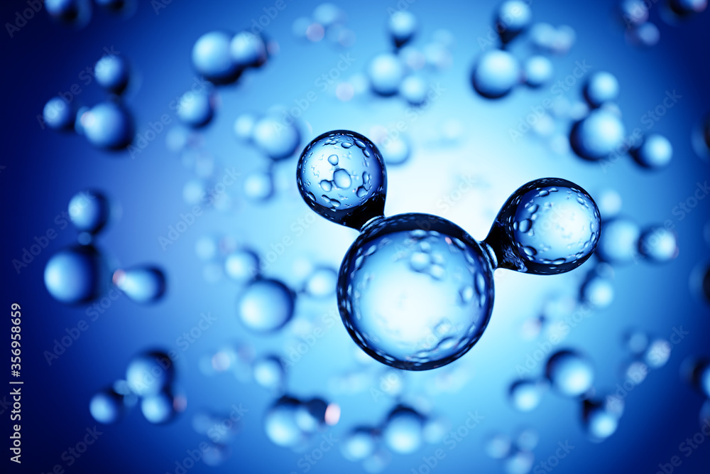 3d render: Models of H2O water molecules in front of blue background ...
