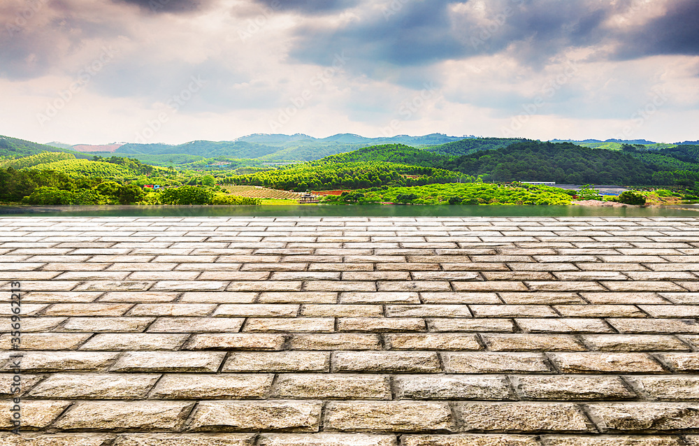 Unmanned stone brick square platform pavement and tranquil landscape ...