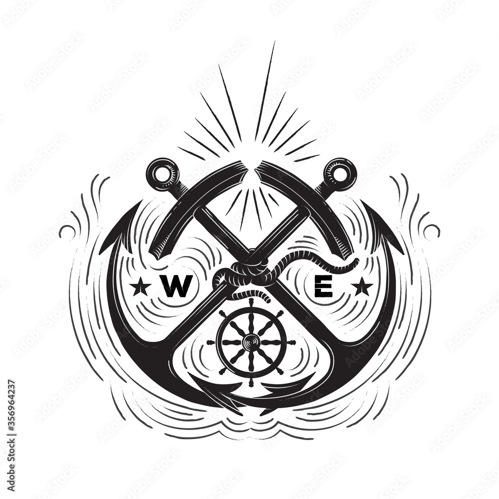 Two anchors crosswise with rope and steering wheel nautical and marine ...