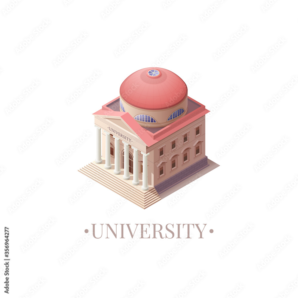 University building isometric concept. Symbol of knowledge, science ...