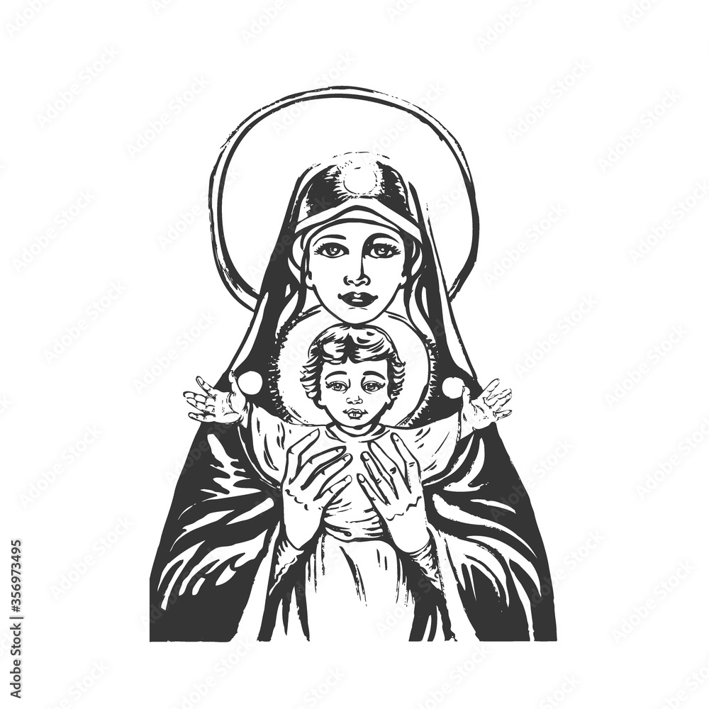 Madonna and Child graphic sketch. Blessed Virgin Mary with Baby Jesus ...