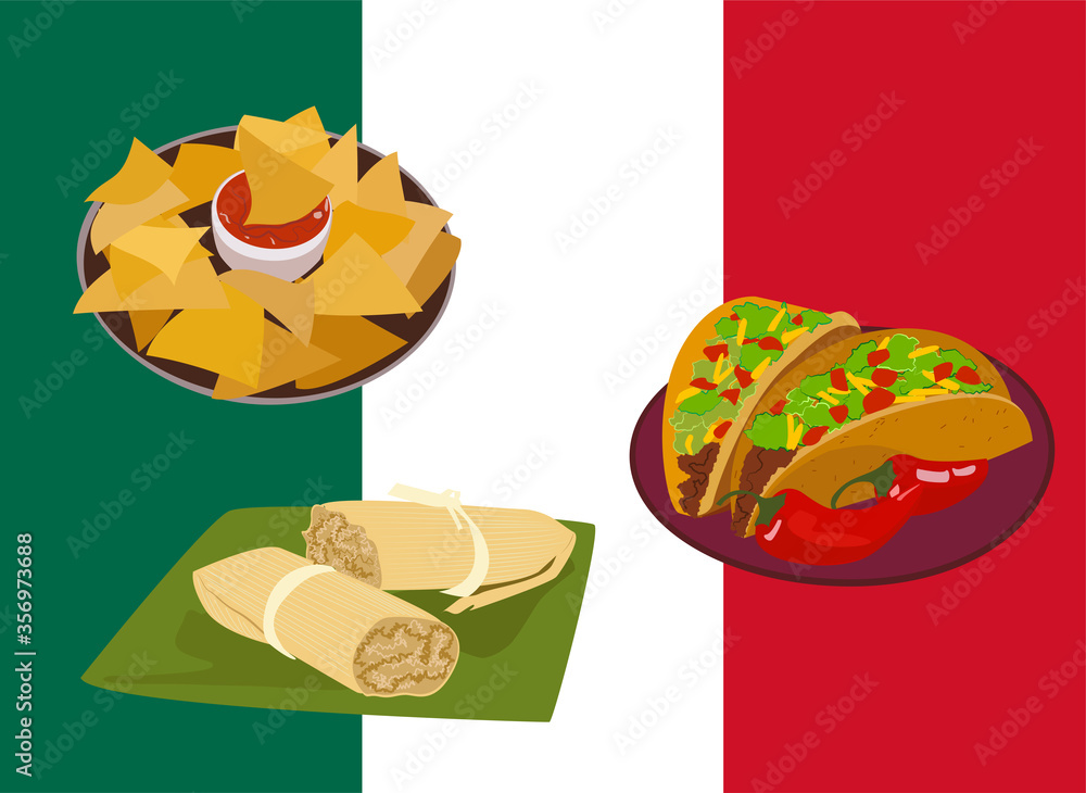 Mexican food vector illustration on mexican flag background, nachos ...